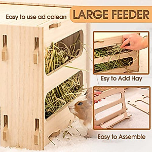 Clearance- Guinea Pigs Hay Feeder, 3-in-1 Double Hay Rack Wooden Hideout and Tunnel Combi for Bunny Rabbit Chinchila Guinea Pigs Family, HDF Durable Habitat Furniture