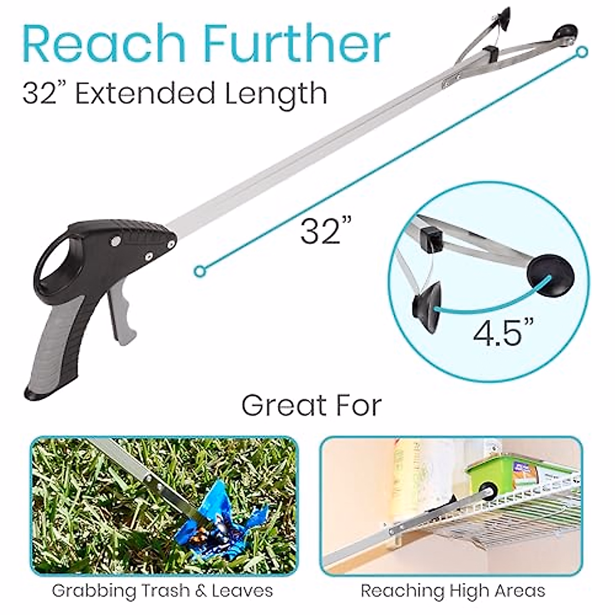 Vive Suction Cup Grabber Reacher 32" - Elderly Grab It Reaching Pickup Tool Heavy Duty for Seniors - Trash, Sticks, Litter Picker Upper - Extra Long Reach Handle & Handy Extension Arm Claw