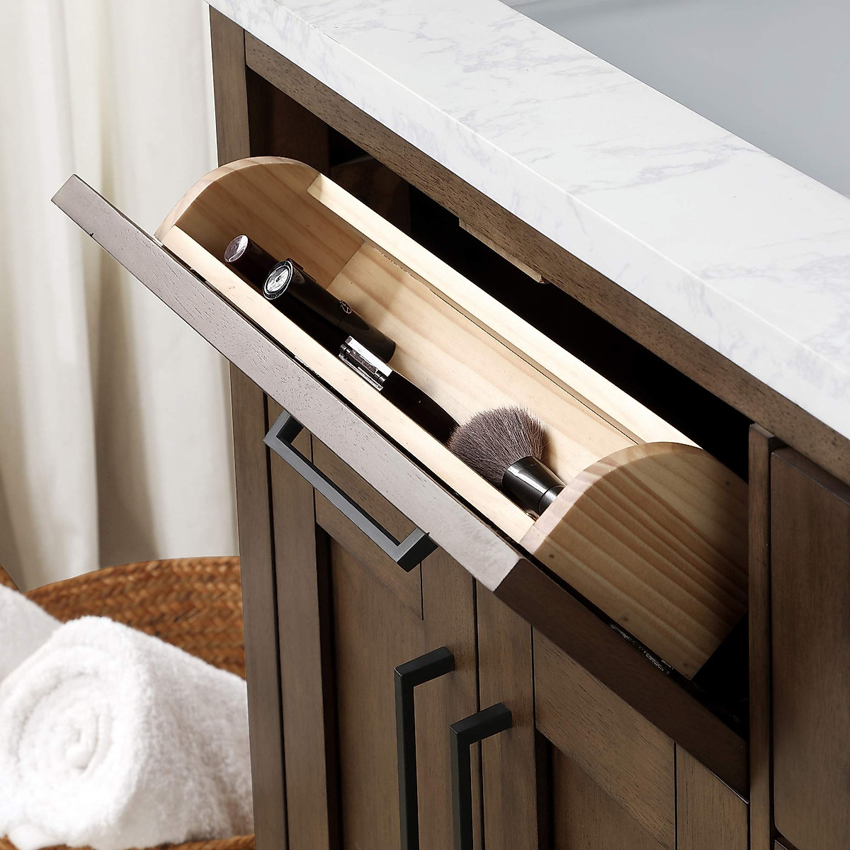 OVE Decors Maya Plus 36 in. Single Sink Bathroom Vanity in Almond Latte Finish, Black Hardware and Included Power Bar