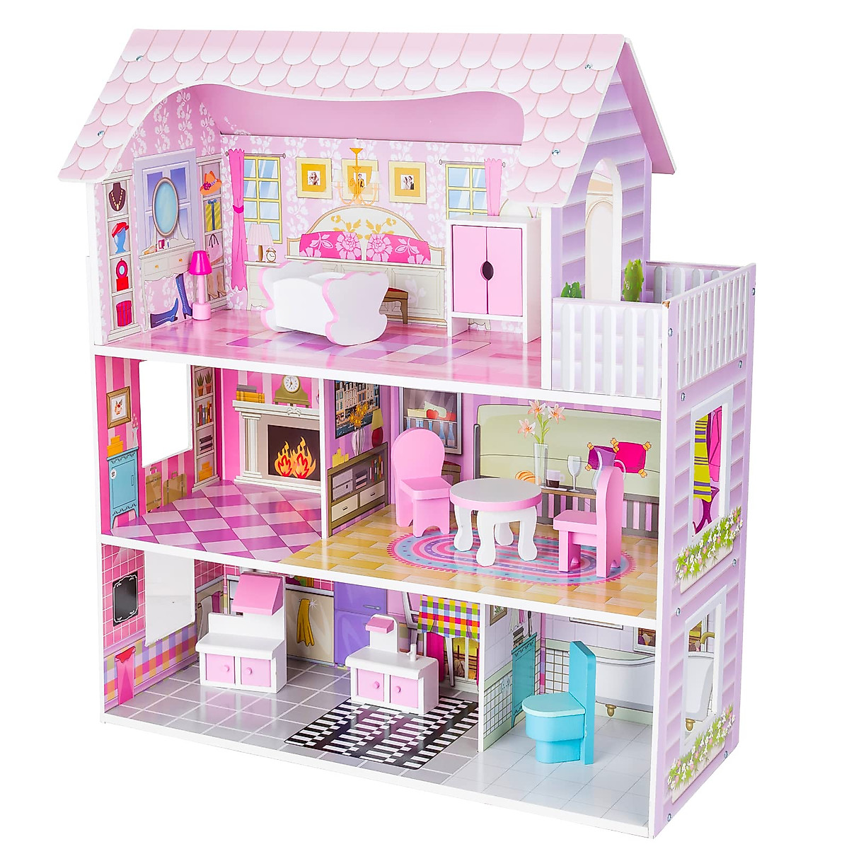 Wooden Dollhouse with Furniture for Kids Girls, Toys for 3 4 5 6 Years Old (Style 3)