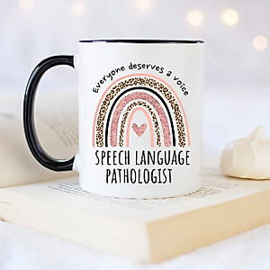 YouNique Designs Everyone Deserves a Voice SLP Mug, 11 Ounces, Speech Language Pathology Coffee Mug, Speech Language Pathology Cup for Women, Speech Language Pathologist Mug for Her (Black Handle)