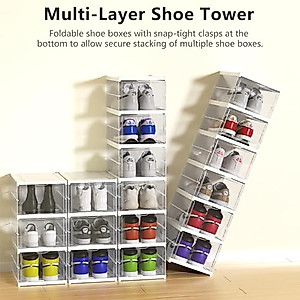AKELOR 6 Tier Foldable Shoe Storage Boxes, Installation-free Clear Foldable Shoe Box, One-Piece Stackable Shoe Rack, Plastic Storage Shelves Collapsible Shoe Rack Organizer for Closet Bedroom