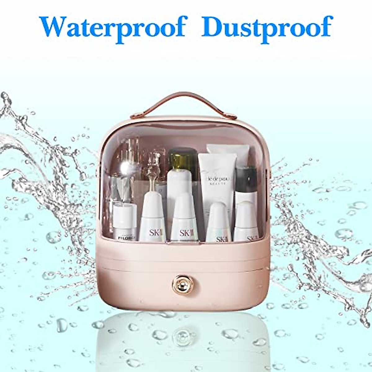MIUOPUR Large Makeup Organizer with Brush Holder, Cosmetic Display Case with Drawer, Waterproof and Dustproof Transparent Cover, Portable Handle, Suitable for Bathroom and Bedroom -Pink