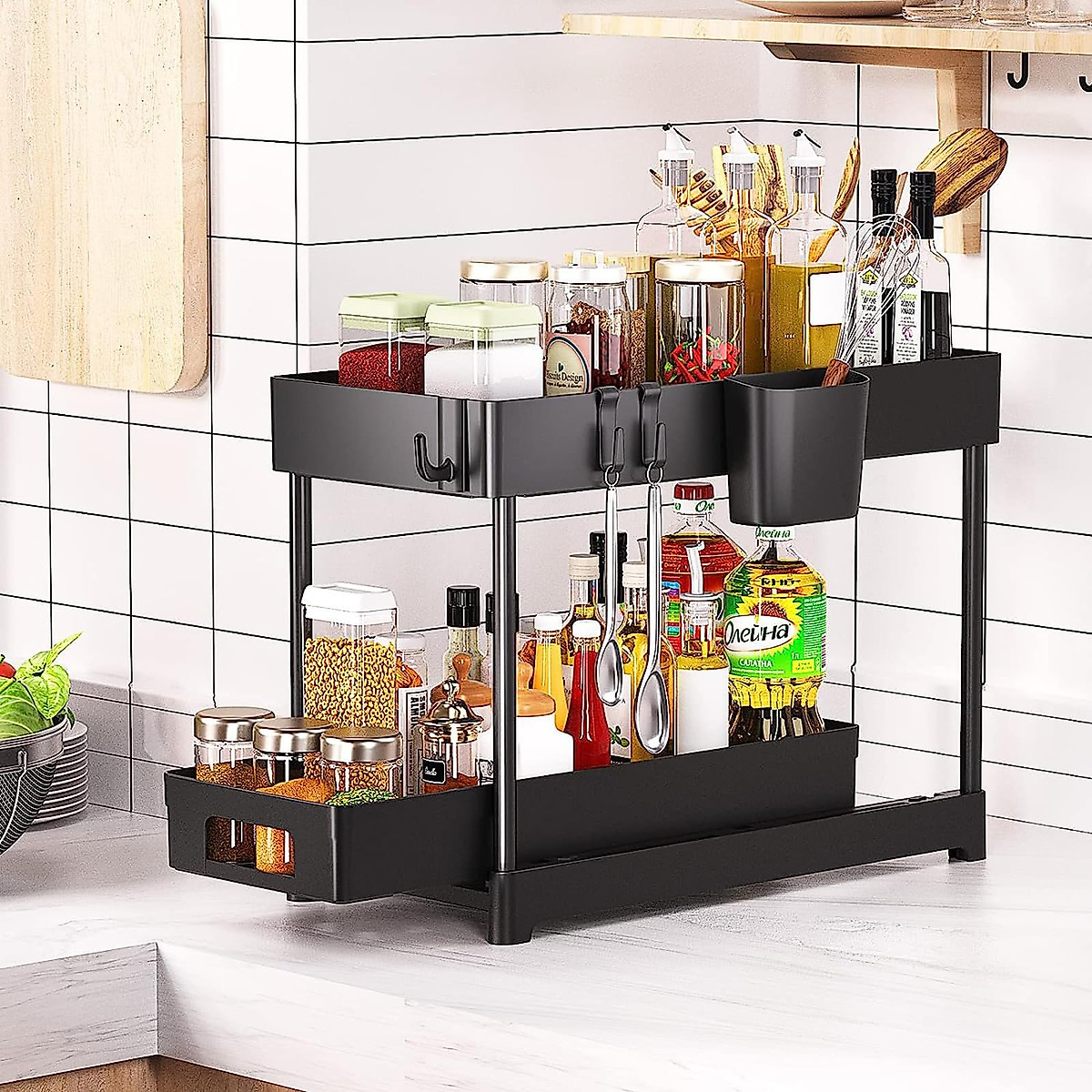 sulela Under Cabinet Basket Organizer and Storage with Sliding Drawer, 2 Tier Under Sink Storage Rack with 4 Hooks, Under Sink Organizers and Storage Black Under Sink Storage for Bathroom Kitchen