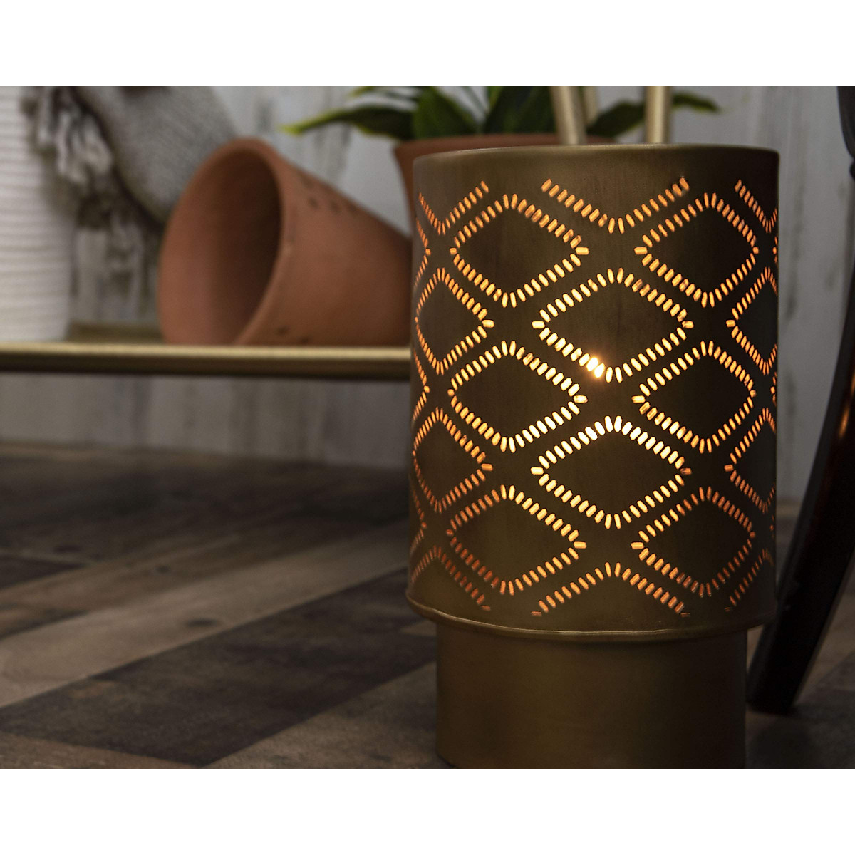 Foreside Home & Garden Brass Antique Large Pierced Metal Pillar Candle Holder