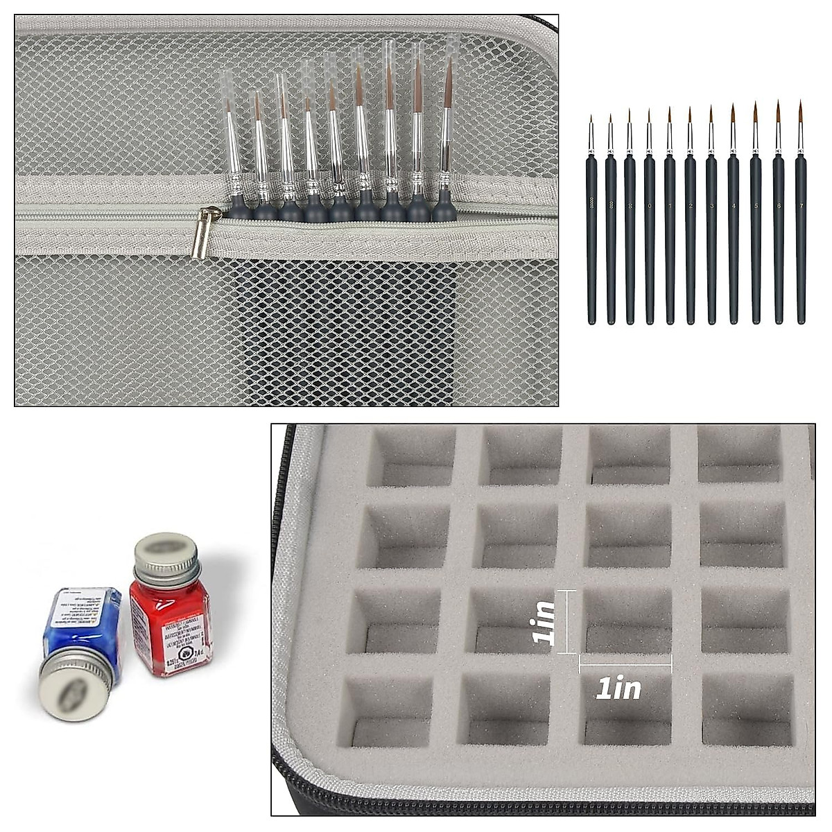 Model Paint Storage Case Compatible with Testors Paint Set, Paints Organizer Carrying Bag Holds Bottles with 9 Fine Detail Miniatures Paint Brushes, Enamel Paint Container (Grey, Medium)