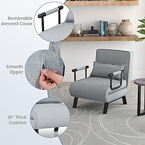POWERSTONE Convertible Sleeper Chair Bed, 4 in 1 Living Room Reading Chair with Pillow, Arm and Adjustable 5 Position Backrest Single Sofa Bed, Light Grey