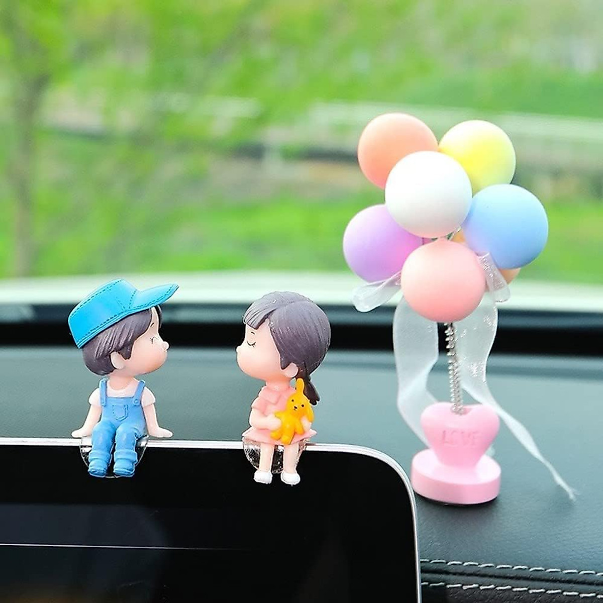 DADHOT Cute Car Decoration Lovely Couple Car Decoration Cute Cartoon Couples Action Figure Figurines Balloon Ornament Auto Interior Dashboard Accessories for Boys Girls Gifts (Blue hat,no Balloons)