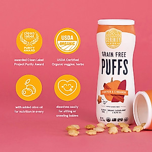 Serenity Kids 6+ Months Grain Free Puffs Toddler & Baby Snack | No Added Sugar, Gluten & Rice Free, Allergen Free | Made with Organic Cassava, Veggies, and Herbs | Pumpkin & Cinnamon | 6 Count