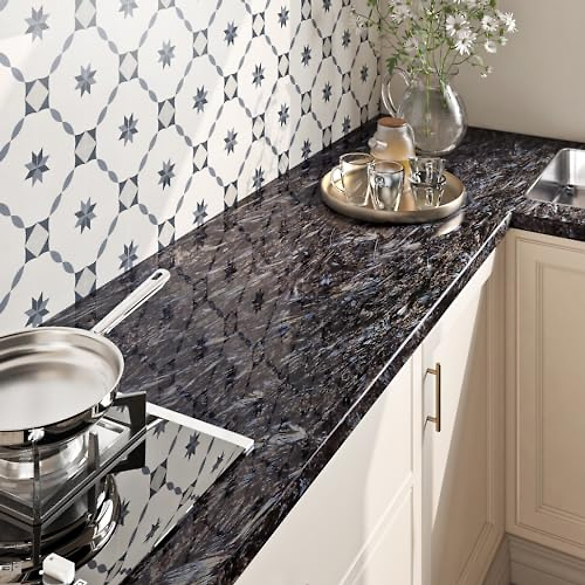 FunStick Black Marble Contact Paper for Countertop Contact Paper Waterproof Blue Black Marble Wallpaper Peel and Stick Countertops for Kitchen Removable Wall Paper for Bathroom Cabinets Desk 12"x200"