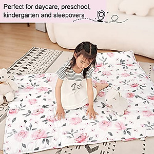 PHF Floral Toddler Nap Mat Set, with Removable Pillow for Toddler Girls, Soft and Lightweight for Daycare, Preschool, Travel, Kindergarten Sleeping Bag, Fits Ages 3-6 Years, Pink Floral