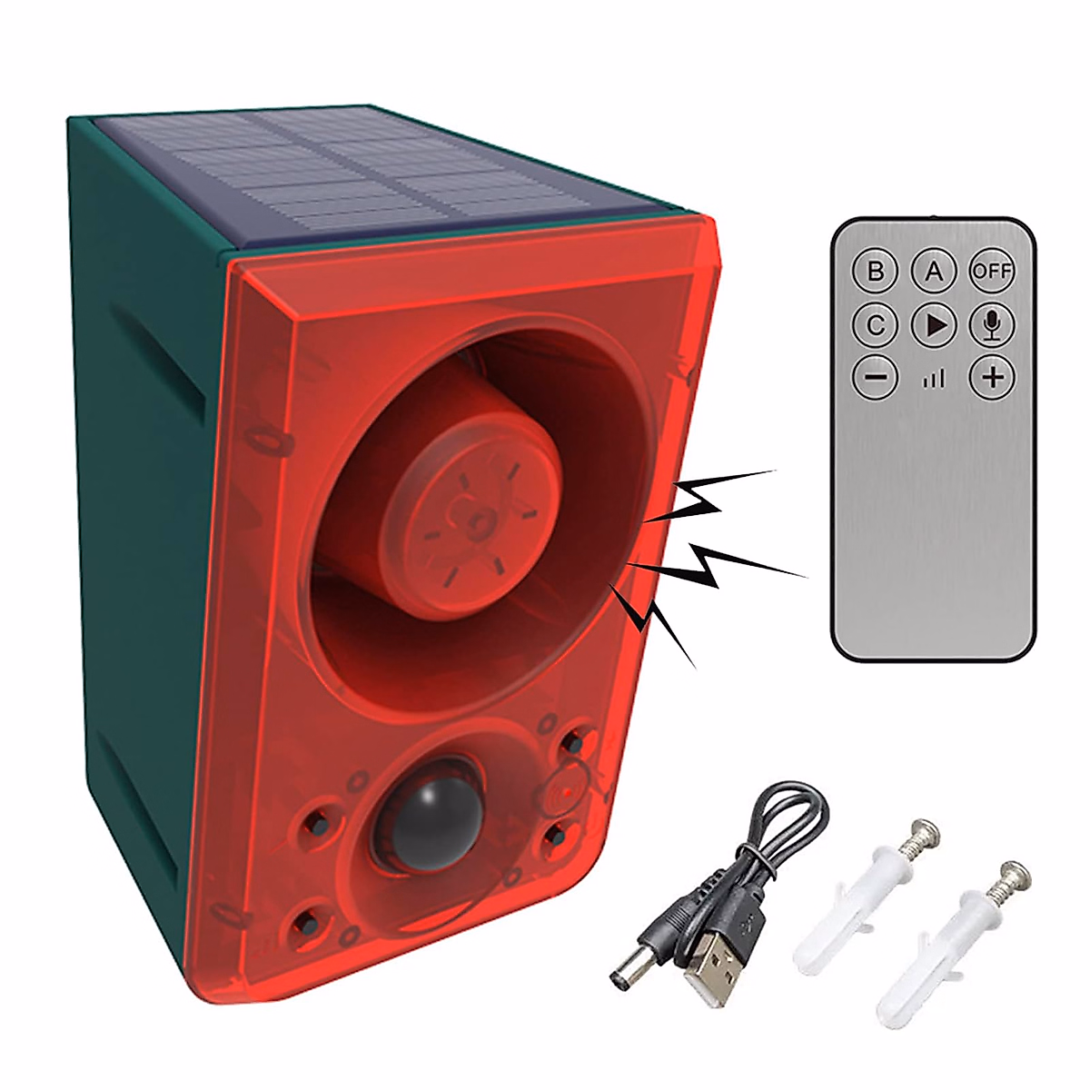 LAFEINA Solar Sound & Strobe Light Alarm Motion Detector, Gunshot & Dog Barking & Recording, Record 20S Custom Message Siren Security Alert System for Farm Barn Villa (1)