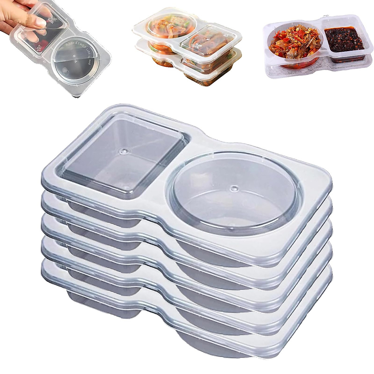 Double Compartment Condiment Container, 2 Compartment Snack Containers, Double Condiment Containers with Lids, Reusable Snack Container for Condiments or Dips, Clear Plastic Portion (5)