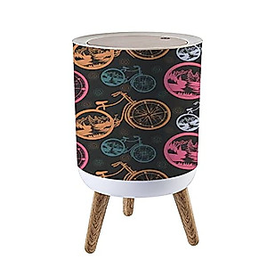 SHL96PZGX Small Trash Can with Lid Compass and Mountains in Bicycle Wheels Seamless Packing Old Waste Bin with Wood Legs Press Cover Wastebasket Round Garbage Bin for Kitchen Bathroom Bedroom Office