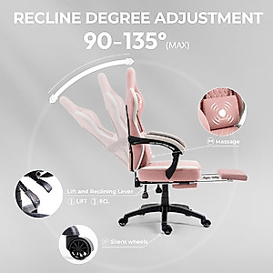 Dowinx Gaming Chair Breathable Fabric Computer Chair with Pocket Spring Cushion, Comfortable Office Chair with Gel Pad and Storage Bag,Massage Game Chair with Footrest,Pink