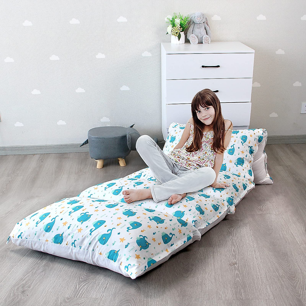Floor Lounger Cover Non-Slip & Super Soft Floor Sofa Pillow Bed Cover, Great Choice for Kids or Adults Perfect for Slumber Party, Whale Queen (Pillow Not Included)