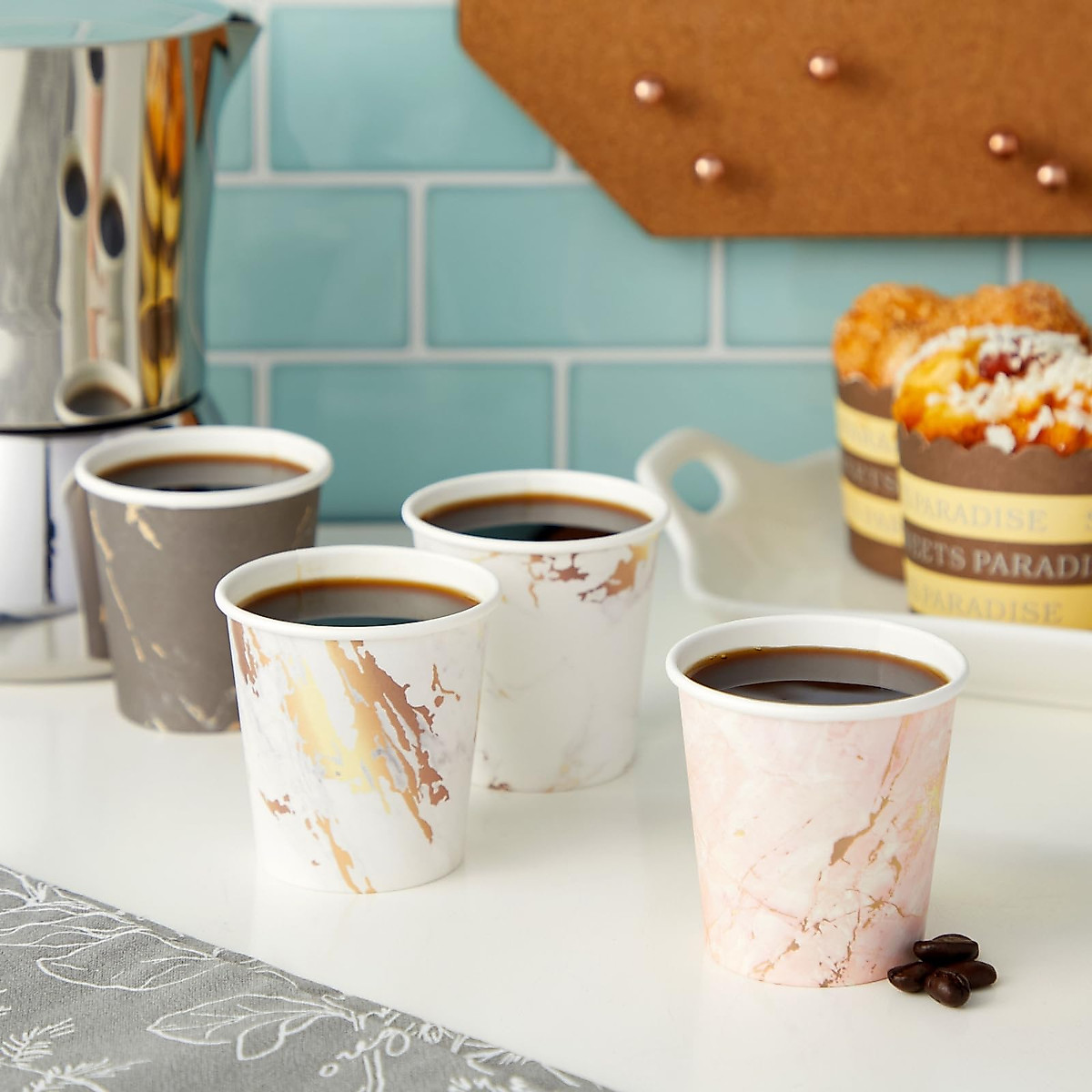 Sparkle and Bash 100 Pack Disposable 4 oz Paper Cups for Coffee, Espresso, Mouthwash, 4 Marble Designs