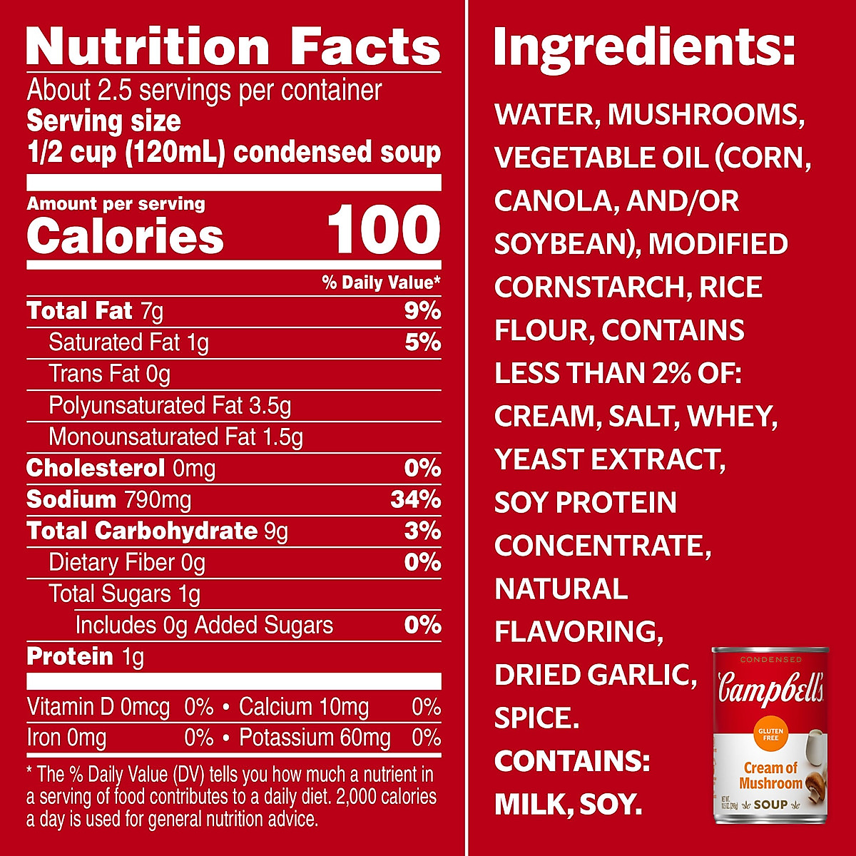 Campbell's Condensed Gluten Free Cream of Mushroom Soup, 10.5 oz Can