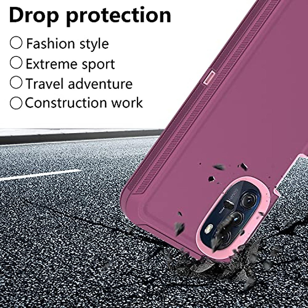 Qinmay Moto G 5G 2022 Case & 2 HD Screen Protectors, Heavy Duty 3-in-1 TPU+PC - WineRed Pink