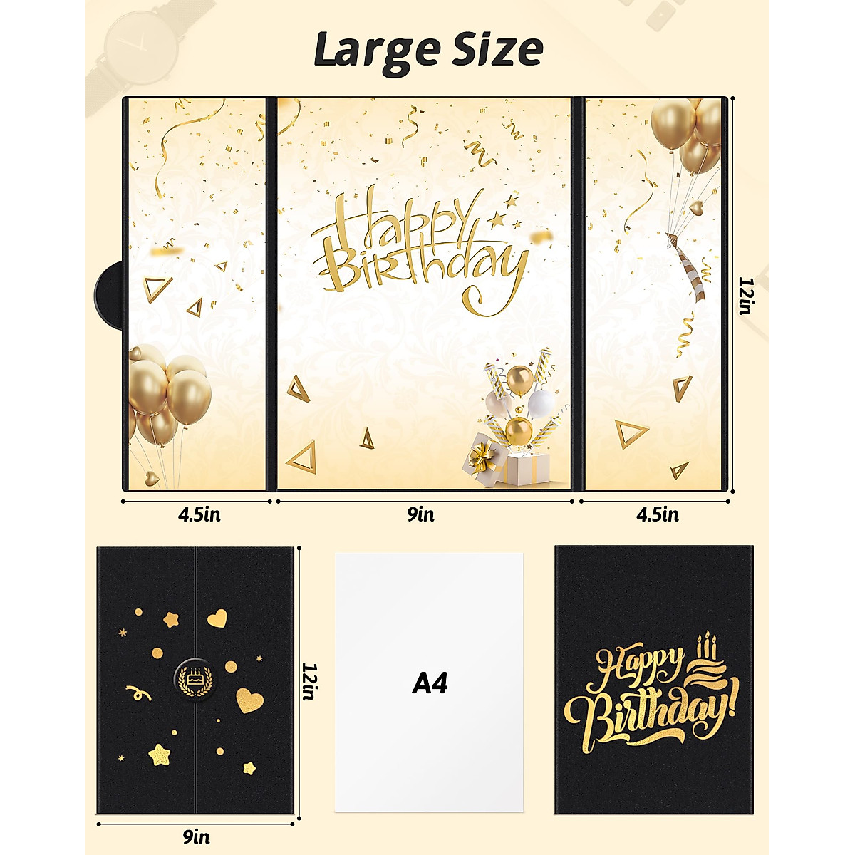 Pusunas Birthday Decorations, Happy Birthday Gifts for Men Women Him Her, 18" X 12" Large Creative Signature Guest Book Signing Birthday Card Board, Black Gold Anniversary Party Decorations