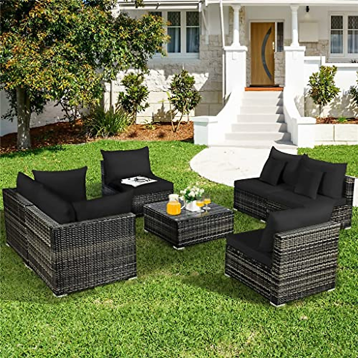 SLNFXC 7PCS Patio Rattan Furniture Set Sectional Sofa Garden Black Cushion Corner Sofas and Single Sofas