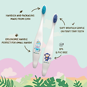 Jack N' Jill Kids Toothbrush - Extra Soft Bristle Toothbrush for Kids, Handle & Packaging Made from Plants (Corn), Ergonomic Handle for Little Hands - Dino Baby, Toddler, & Kids Toothbrush (2 Pack)