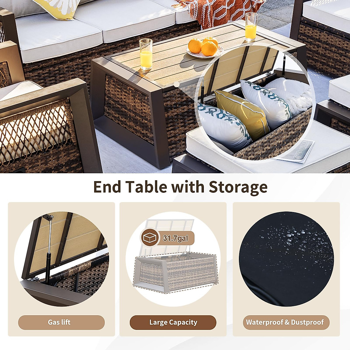 6 Pcs Outdoor Furniture Set, Patio Furniture with Aluminum Frame, Wicker Recliner Chairs with Ottomans, Modern Outdoor Conversation Set Sectional Sofa, Rattan Patio Set with Storage Table (Brown)