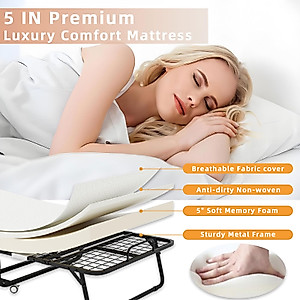 VERMESS Folding Bed with Mattress, Rollaway Bed for Adults, Portable Foldable Roll Away Adult Guest Day Bed with 5 Inch Memory Foam Mattress, Space-Saving Fold up Twin Size Bed Metal Frame, 75" x 32"