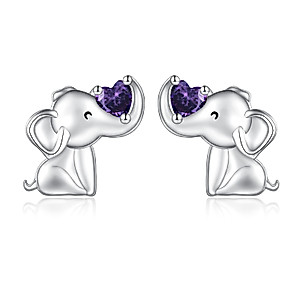 925 Sterling Silver Elephant Earrings Stud Birthstone Hypoallergenic Cute Animal Earrings Jewelry Gift for Women (Purple)