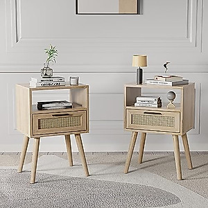 AmzYuga Nightstands Set of 2, Bedside Table with Drawer, Modern End Table with Open Storage, Bed Side Table with Solid Wood Feet for Bedroom Set of 2, Boho Night Stands, Accent Tables, Natural
