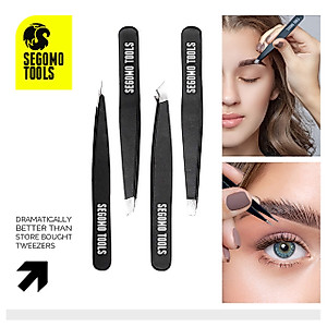 Segomo Tools 4 Piece Tweezer Set - Tweezers For Women - Ingrown Hair Removal Kit - Eyebrow Plucker - Precision Tweezers - Flat, Angled, Slant & Pointed Tweezers - TW004