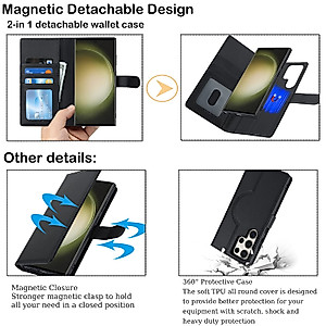 Ｈａｖａｙａ for Samsung Galaxy S23 Ultra Case Wallet magsafe Compatible Galaxy S23 Ultra Wallet case with Card Holder Detachable Magnetic flip Leather Cover for Men and Women-Black