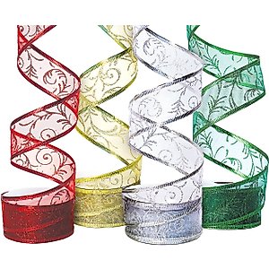Christmas Ribbon Wired 1.5 Inch Set of 4 Ribbon Wire Red, Green, Gold, Silver/White Sheer Organza Glitter Gift, Xmas Ribbons Decoration, Holiday Craft, Gifts Wrap 40 Yards / 10 Yard Ea. Roll