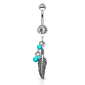 Feather with Blue Turquoise Dangle Surgical Steel CZ Navel Belly Button Rings - Clear