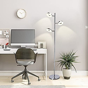 DINGLILIGHTING DLLT Modern 3-Light LED Floor Lamp, Indoor Standing Light with Adjustable Head, Contemporary Tall Pole Tree Corner Lamp, Craft Spotlight Lamps for Living Room, Bedroom, Office, Silver