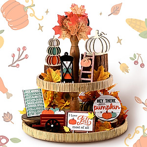 Thyle 8 Pack Fall Tiered Tray Decor Set Autumn Pumpkins Rustic Farmhouse Decor Wooden Blue Pumpkin Tabletop Signs Thanksgiving Tiered Tray Decor for Home Thanksgiving Autumn