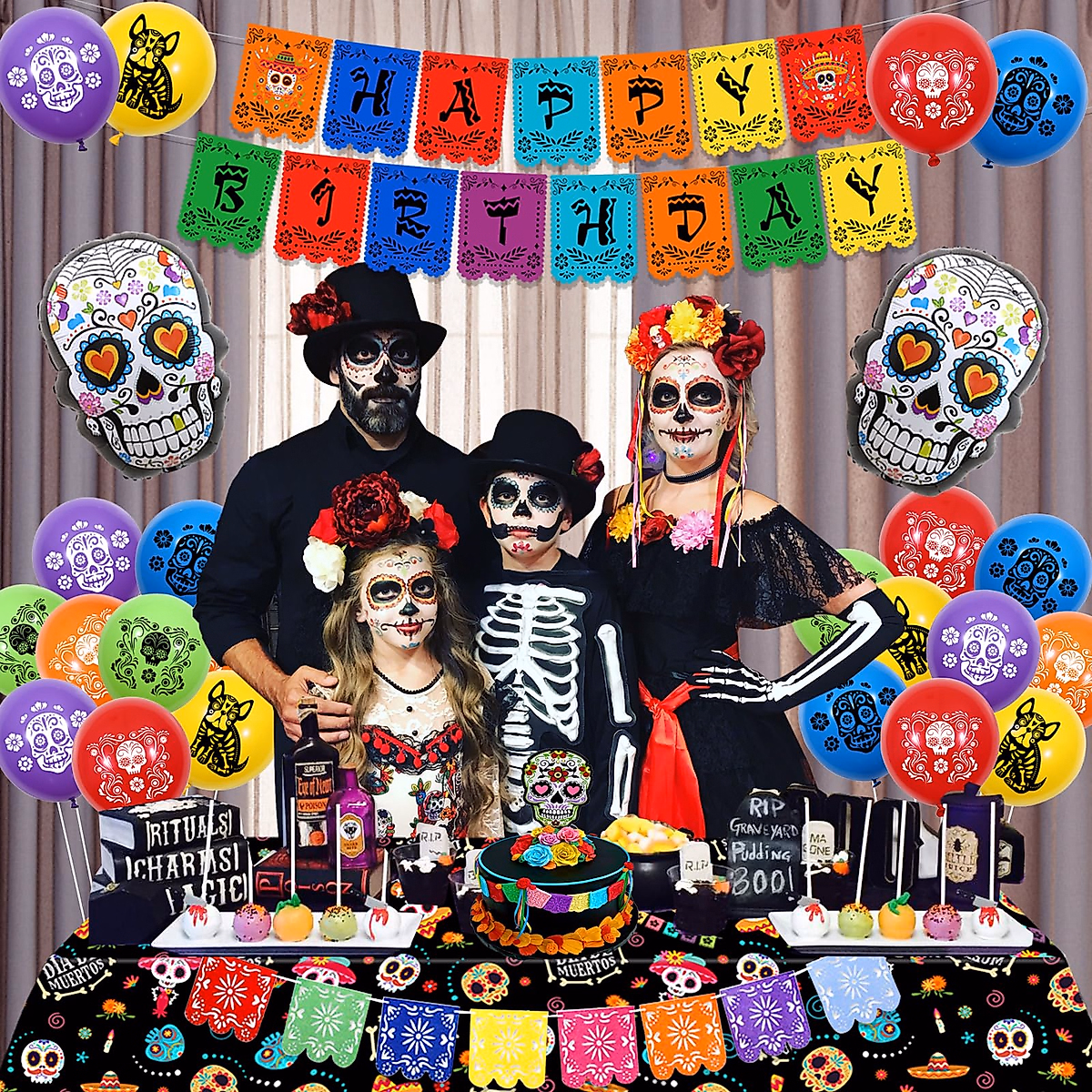 Fangleland Day of The Dead Theme Birthday Party Decorations for Boy Girl - Dia De Los Muertos Bday Celebration Party Supplies Balloons Banner Tablecloth Sugar Skull Mexican Backdrop