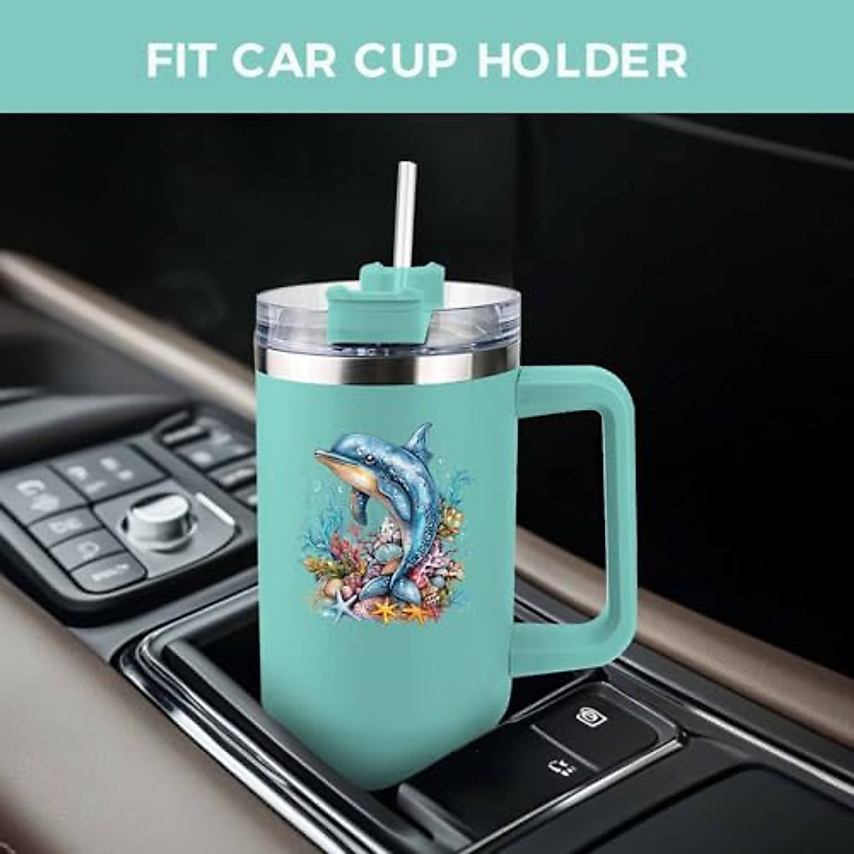 40 ounce insulated cup with handle, double-layer vacuum stainless steel material, equipped with straw, can keep warm or maintain cold drinks Summer Animal Dolphin Starfish Lake Green