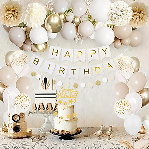 Upgraded Gold White Birthday Party Decorations for Girls Women Men with Happy Birthday Sash,Banner,Tissue Pompoms,Circle Dots Garland,Paper Tassels Garland, cake topper for Her Birthday Decor