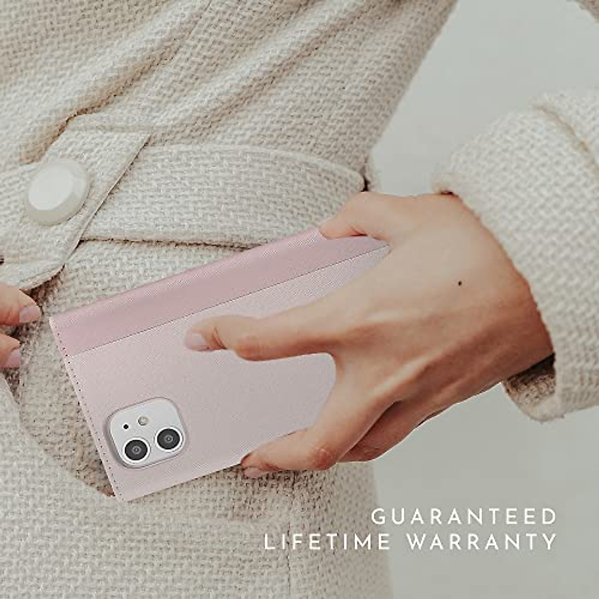 HABITU [Folio Collection 2022 Eris Tri-Fold Pink Wallet Case for iPhone XR/11, Detachable Vegan Leather Magnetic Folio with Card Pockets, Mirror & Strap for Women, for Women