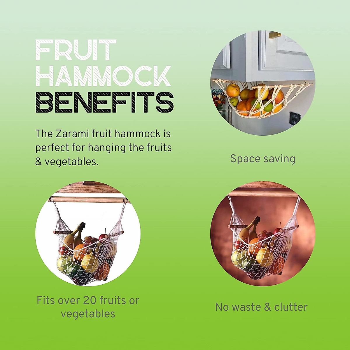 Zarami Fruit Hammock for Kitchen Under Cabinet-Macramé Fruit Hammock Basket for Bananas with 4 Hooks for Kitchen, Hanging Banana Hammock Fruit Holder, Produce Hammock, RV Fruit hammock