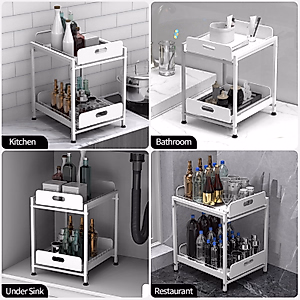 IncepKick Under Sink Organizer and Storage for Kitchen Bathroom 2 Tier Slide Out Under Sink Shelf Cabinet Storage Shelf Under Sink Storage Metal (White)