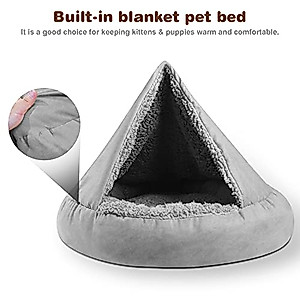 Lasaas Small Dog Bed with Blanket Attached Round Donut Cozy Cuddler Calming Dog Bed with Removable Liner Soft Warmth Plush Puppy Pet Bed for Small Cats or Dogs Light Grey M