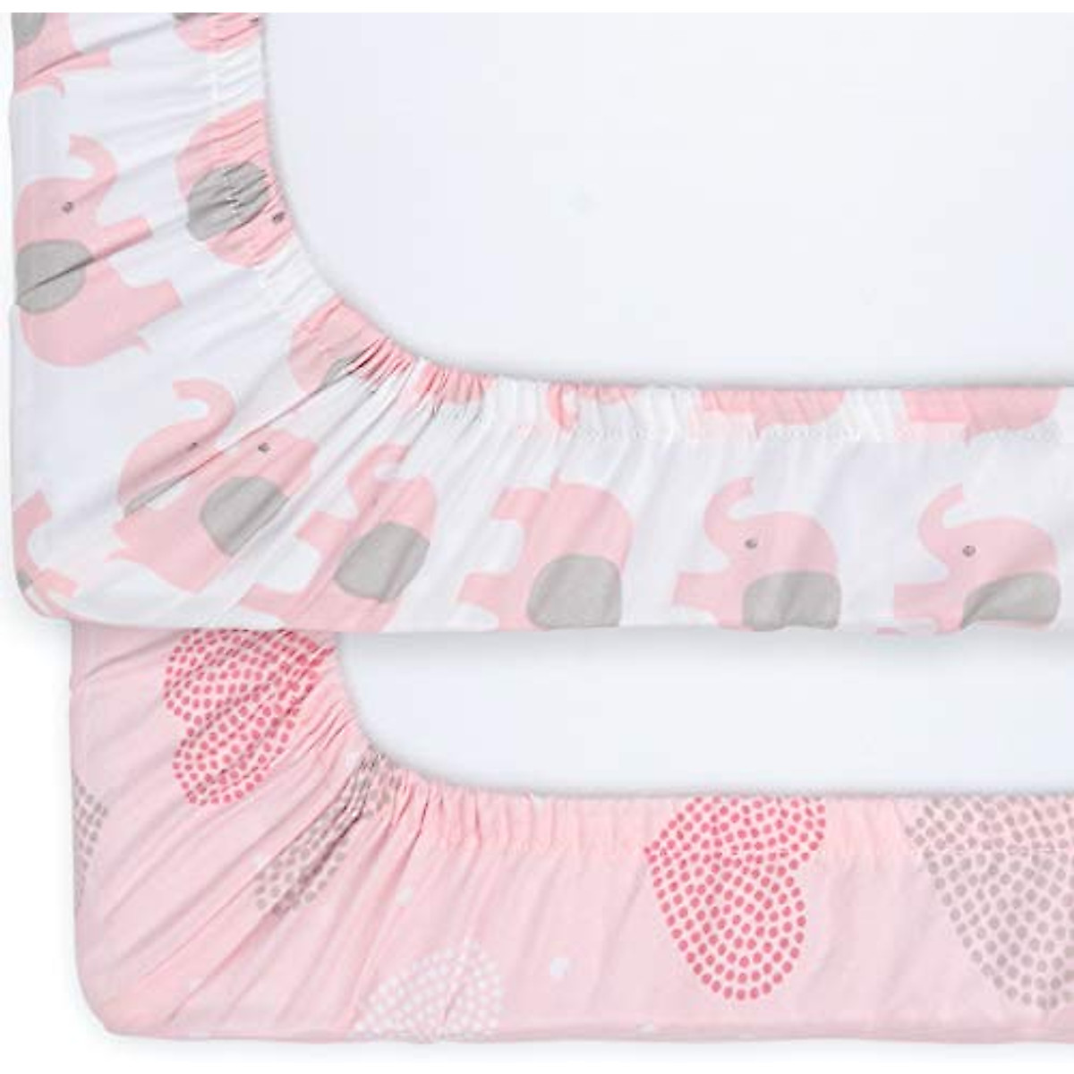 The Peanutshell Fitted Pack n Play, Playard, Mini Crib Sheets for Baby Girls | 2 Pack Set | Pink Elephants & Hearts