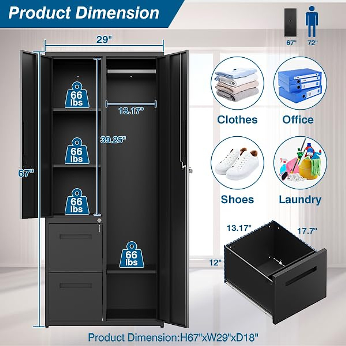 PEUKC Metal Storage Cabinets with Locking Doors, 67" Freestanding Clothing Coat Storage Wardrobe Lockers for Office, Home, School, Garage, Gym (Black)