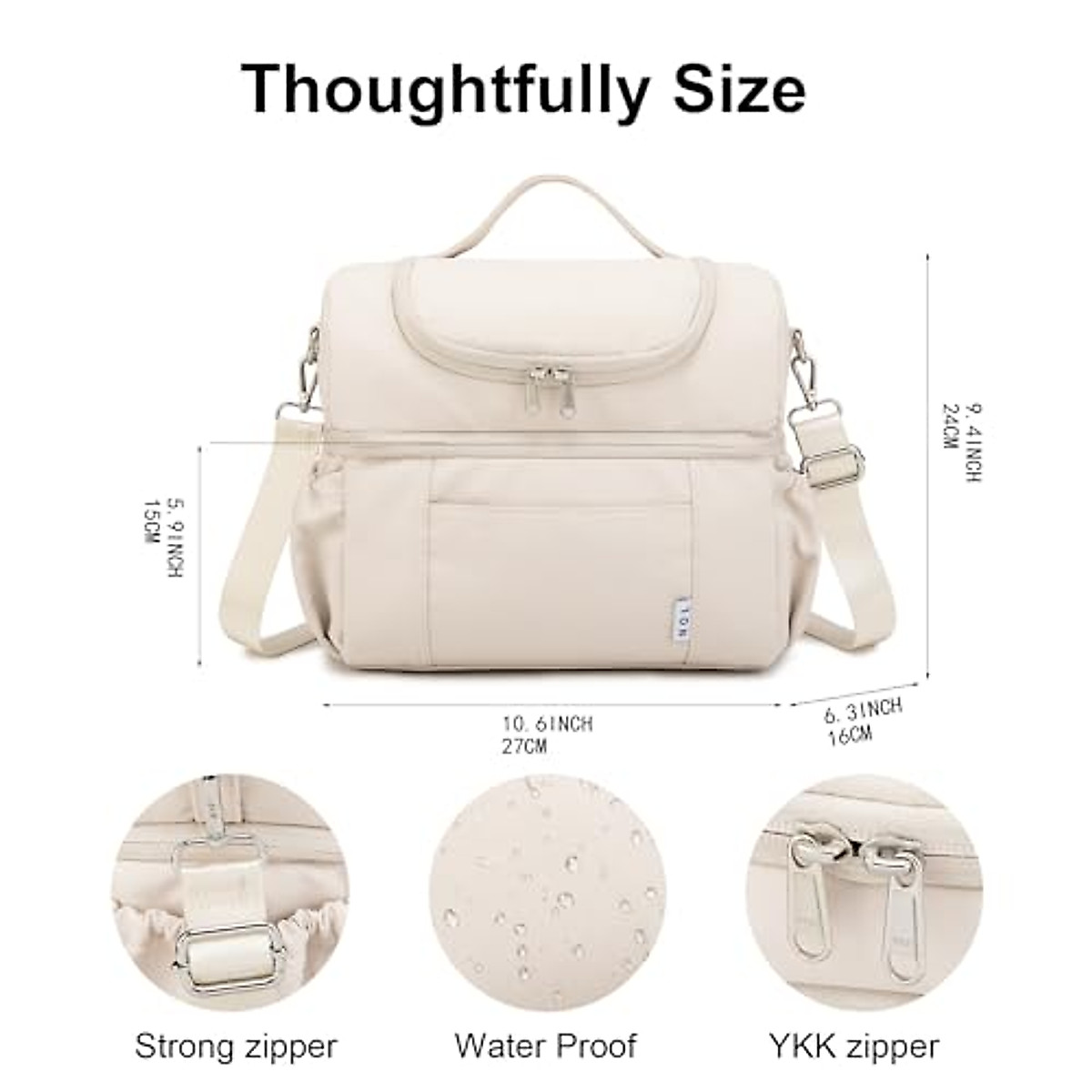 NOL Natural Organic Lifestyle Adult Lunch Box Insulated Lunch Bag Large Dual Compartment Lunch Bag Coolers Lightweight Nylon Waterproof Lunch Box for Work, Picnic, Travel, Outdoors, Cream