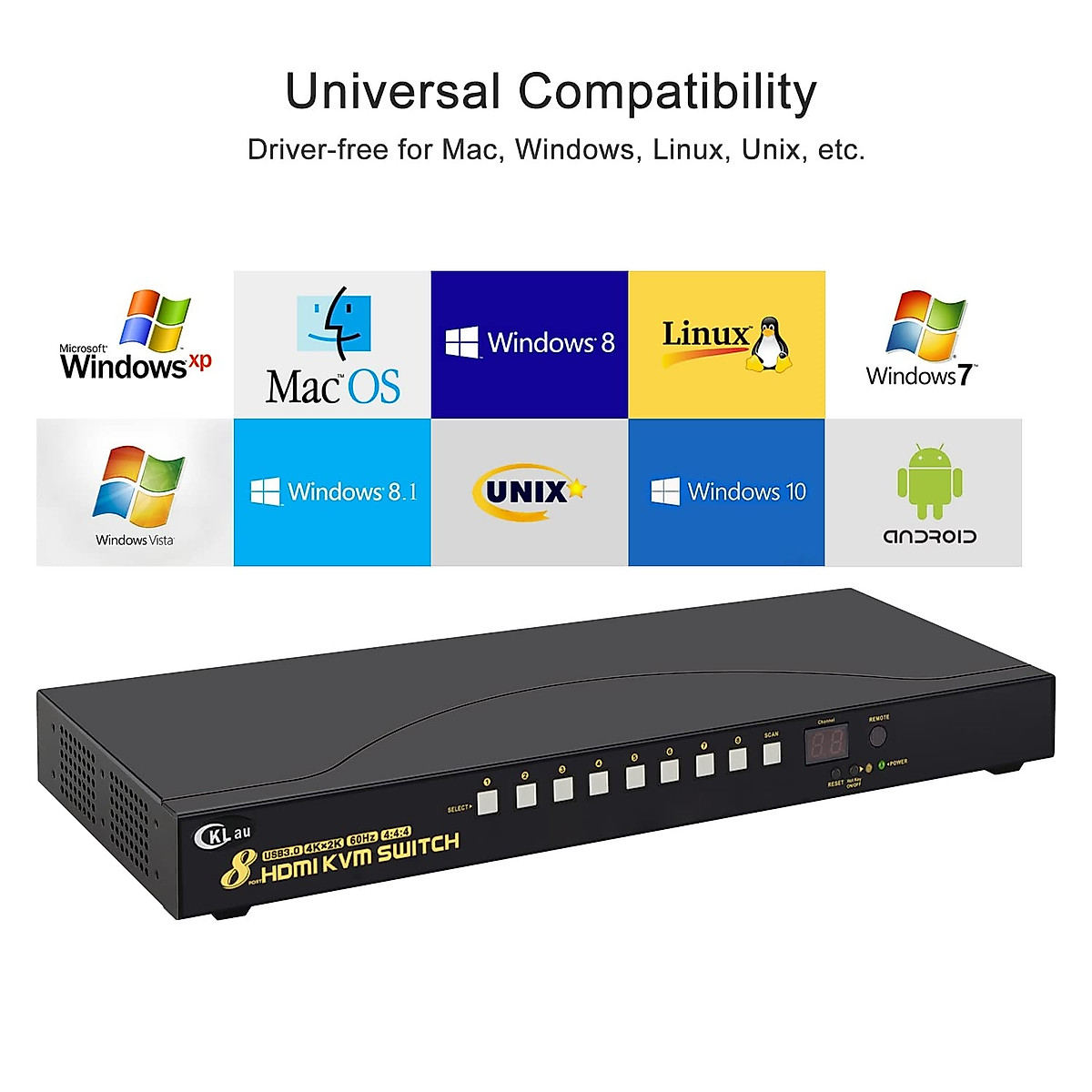 CKLau 8 Port USB 3.0 Rack Mount HDMI KVM Switch 4K60Hz with Audio, 2 pcs USB 3.0 Hub, and Cables Supports Keyboard Mouse Switching