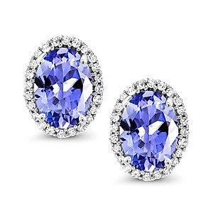 Gem Stone King 10K White Gold 7X5MM Oval Gemstone Birthstone and White Diamond Halo Earrings | White Gold Earrings for Women