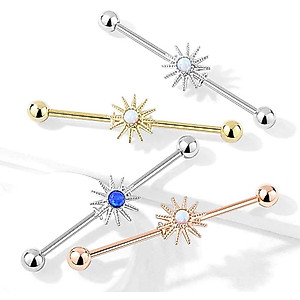 Covet Jewelry Opal Center Sunburst 316L Surgical Steel Industrial Barbell (Rose Gold/Opal White)