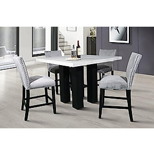 GTU Furniture 5Pc Counter Height Square Dining Table with White Faux Marble Top and 4 Upholstered Grey Chairs Dining Room Set